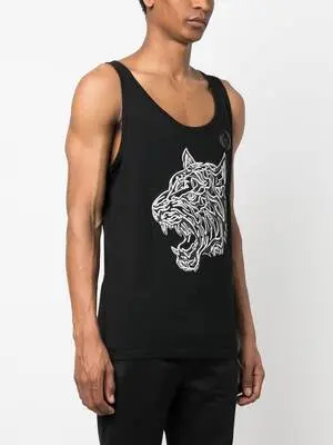 PLEIN SPORT Tiger-print Cotton Tank Top - Black