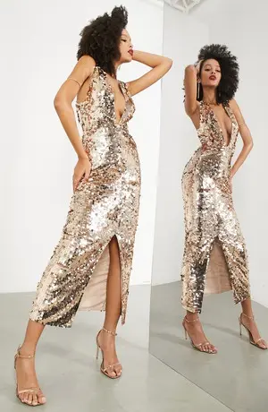 Asos Edition Sequin Plunge Neck Midi Dress