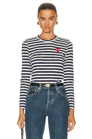 Play Comme Des Garcon COMME Des GARCONS PLAY Invader Striped Long Sleeve T-Shirt In Navy Navy & White