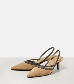 Brunello Cucinelli City Embellished Suede Slingback Pumps