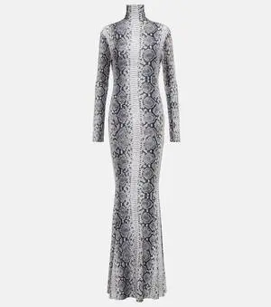 Norma Kamali Snake-print Turtleneck Jersey Maxi Dress