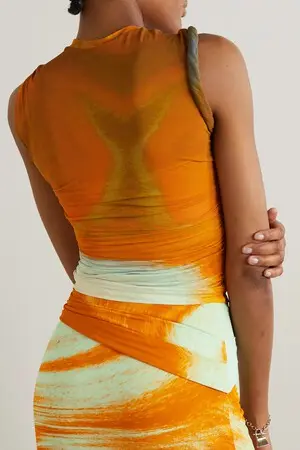 Simkhai Terra Asymmetric Draped Printed Jersey Top