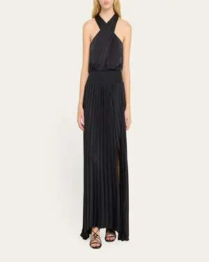 Ramy Brook Arina Pleated Halter Midi Dress - Black
