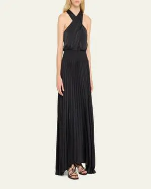 Ramy Brook Arina Pleated Halter Midi Dress - Black