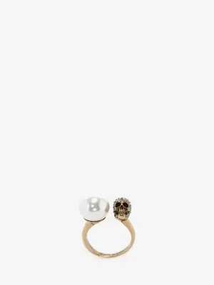 Alexander McQueen Pearl And Crystal Skull Ring - Antique Gold