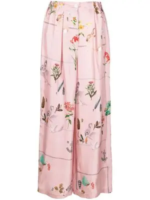 LANVIN Foliage-print Silk Palazzo Trousers