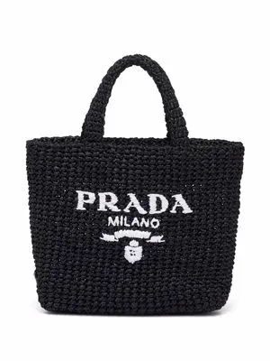 Prada Logo-embroidered Raffia Tote Bag - Black