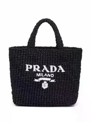 Prada Embroidered Raffia Tote Bag - Black