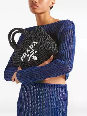 Prada Embroidered Raffia Tote Bag - Black