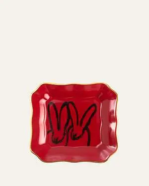 HUNT SLONEM Portrait Plate With Gold Rim Red - One-color