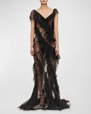 INTERIOR Cosmos Cascading Ruffle Sheer Open-back Lace Gown - Midnight