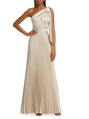 Amsale Satin One-shoulder Pleated Gown - Champagne