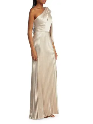 Amsale Satin One-shoulder Pleated Gown - Champagne