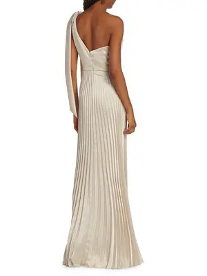 Amsale Satin One-shoulder Pleated Gown - Champagne