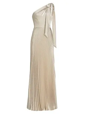 Amsale Satin One-shoulder Pleated Gown - Champagne