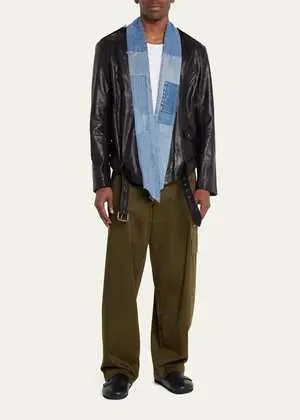 Greg Lauren Leather And Denim Kimono Jacket - Black | Editorialist
