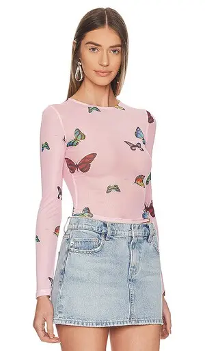 Superdown Butterfly Mesh Long Sleeve Top