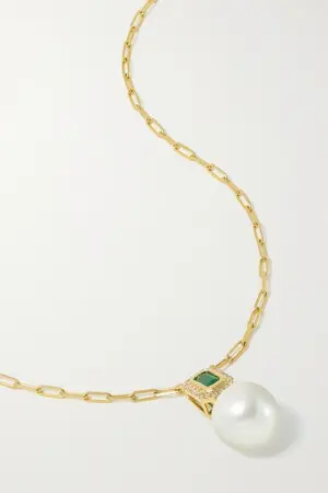 Shay 18-karat Pearl, Emerald, And Diamond Necklace - Gold