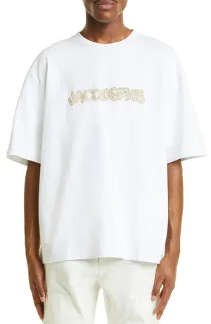 Jacquemus Le T-shirt Raphia Oversize T-shirt 1dn Print Macrame Logo White