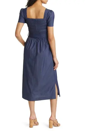 TAHARI ASL Smocked Bodice Denim Midi Dress