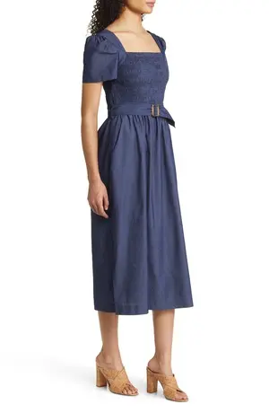 TAHARI ASL Smocked Bodice Denim Midi Dress