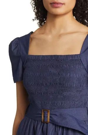 TAHARI ASL Smocked Bodice Denim Midi Dress