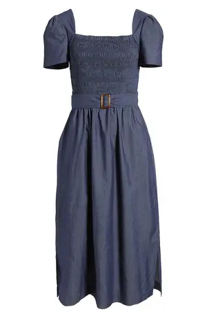 TAHARI ASL Smocked Bodice Denim Midi Dress