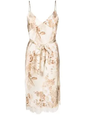 Gold Hawk Floral-print Silk Dress With Lace Detail