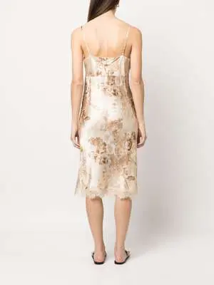 Gold Hawk Floral-print Silk Dress With Lace Detail