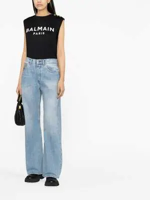 Balmain Logo-print Button-embellished Top - Black