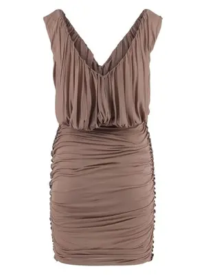 Saint Laurent Ruched V-neck Minidress - Pink