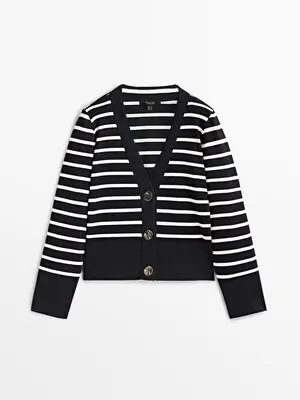 Massimo Dutti Striped Cotton Cardigan With Buttons - Navy Blue