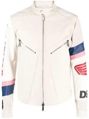 Dsquared2 Leather Biker Jacket With Logo Patch - Neutrals