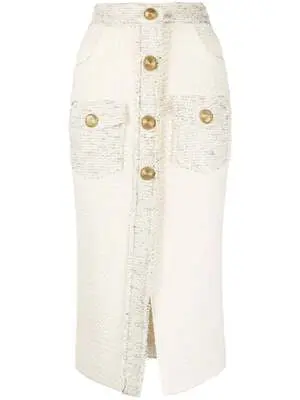 Balmain Bouclé-tweed Pencil Skirt With Button Detail - Neutrals