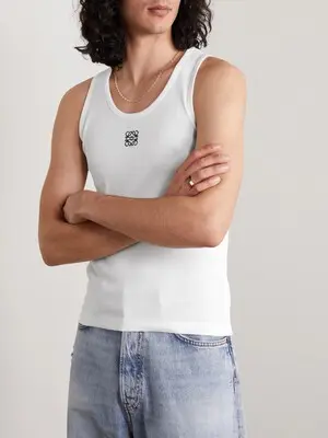 Loewe Logo-Embroidered Ribbed Tank Top In White - 40% Off