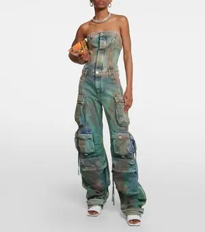 THE ATTICO Strapless Cargo Denim Jumpsuit