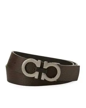 FERRAGAMO Adjustable & Reversible Double-Gancini Buckle Leather Belt Brown/black