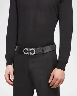 FERRAGAMO Adjustable & Reversible Double-gancini Buckle Leather Belt - Nero
