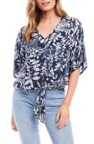 Karen Kane Leaf Print Tie Front Flutter Sleeve Top Batik Print