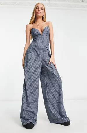 Asos Houndstooth Wide Leg Strapless Jumpsuit