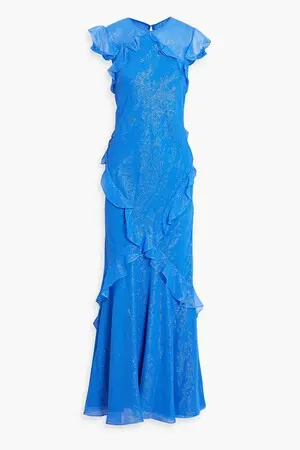 Saloni Tamara Ruffled Metallic Striped Silkblend Chiffon Maxi Dress - Azure