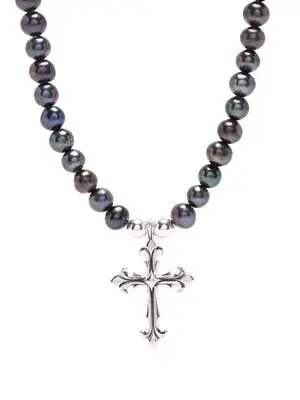 Emanuele Bicocchi Pearl Necklace With Cross Pendant - Black