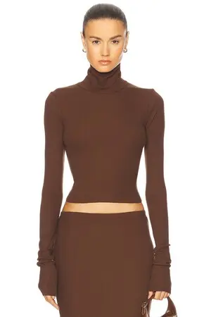 Eterne Cropped Fitted Turtleneck Top - Chocolate