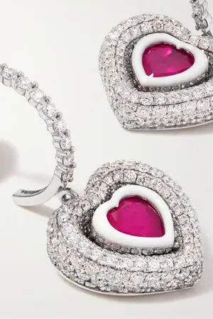 KAMYEN Manaal Heart 18-karat White Enamel, Ruby And Diamond Earrings