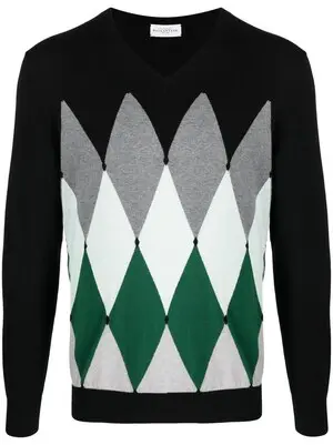 BALLANTYNE Argyle Knit V-neck Jumper - Black