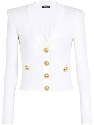 Balmain Pointelle-knit V-neck Cardigan - White