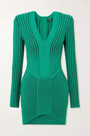 Balmain Metallic Ribbed-knit Mini Dress Turquoise