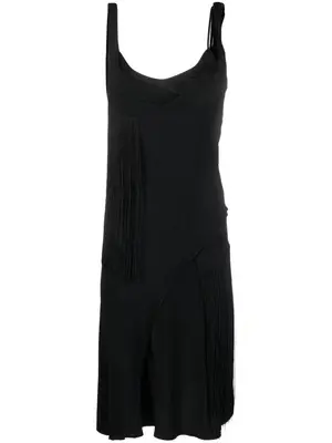 Victoria Beckham Asymmetric Fringed Slip Dress - Black