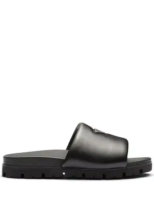 Prada Logo Plaque Brushed Leather Slides