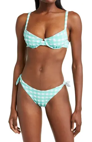 VITAMIN A® Lou Gingham Side Tie Bikini Bottoms - Seafoam Pucker Gingham